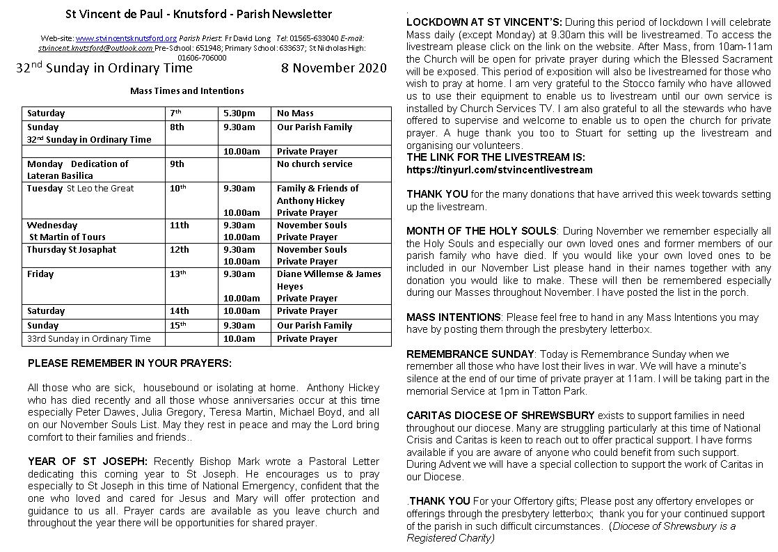 Parish Newsletter – November 2020 – St Vincent De Paul RC Church, Knutsford